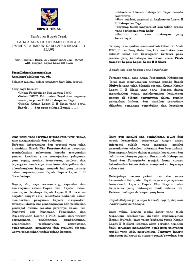 Draft Sambutan Bupati - Kepala Lapas Slawi 1 | PDF
