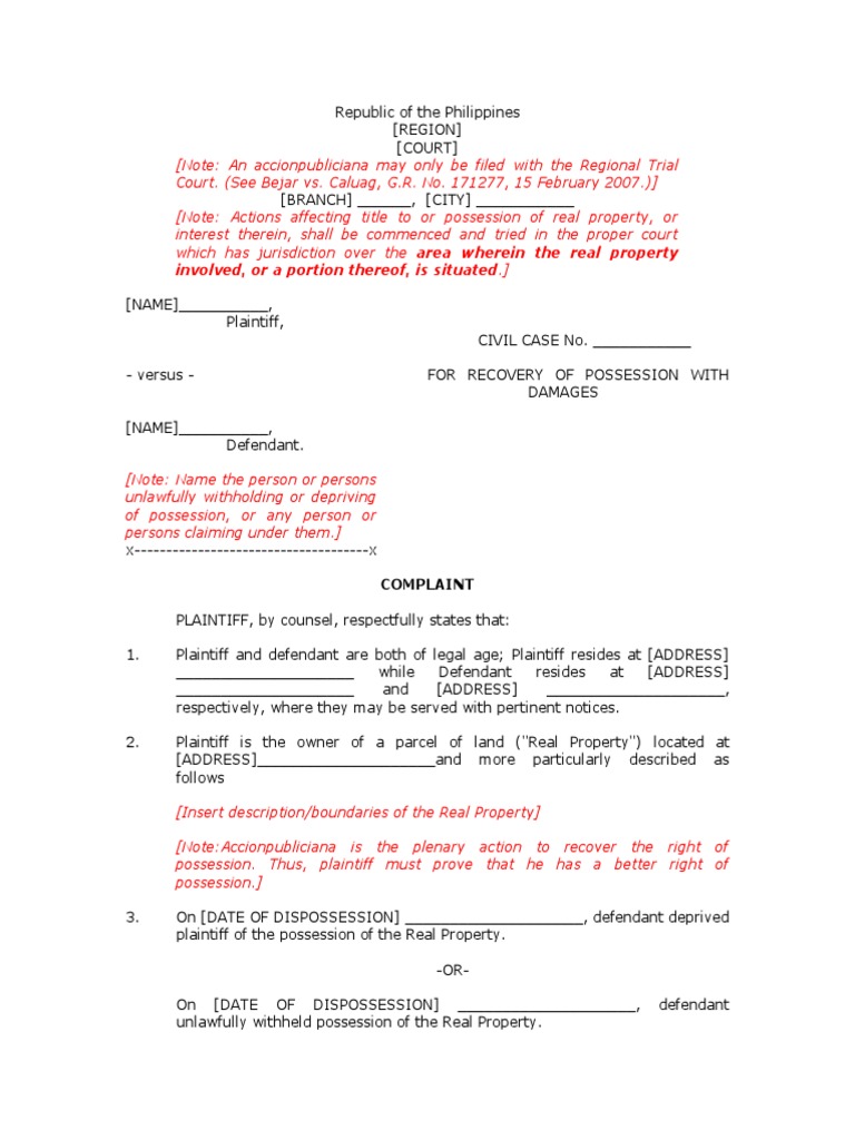 Accion Publiciana Complaint Template | PDF | Lawsuit | Public Sphere