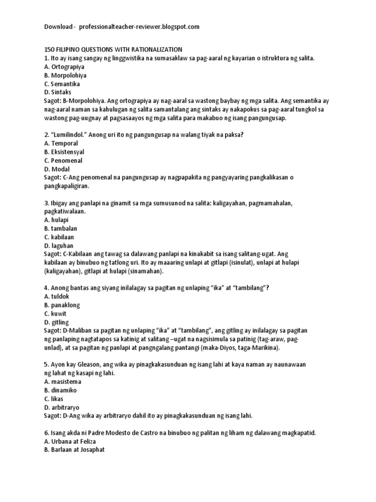 150 Filipino Questions With Rationalization-1 | PDF