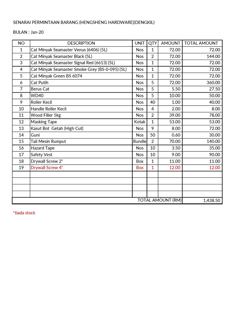 0120 - Checklist Order Barang Putrajaya | PDF | Nature