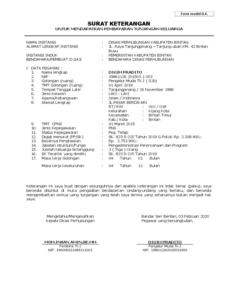 Contoh Pengisian Model C&DK | PDF