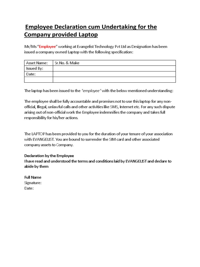 Declaration Cum Undertaking For Company Provided SIM Card | PDF