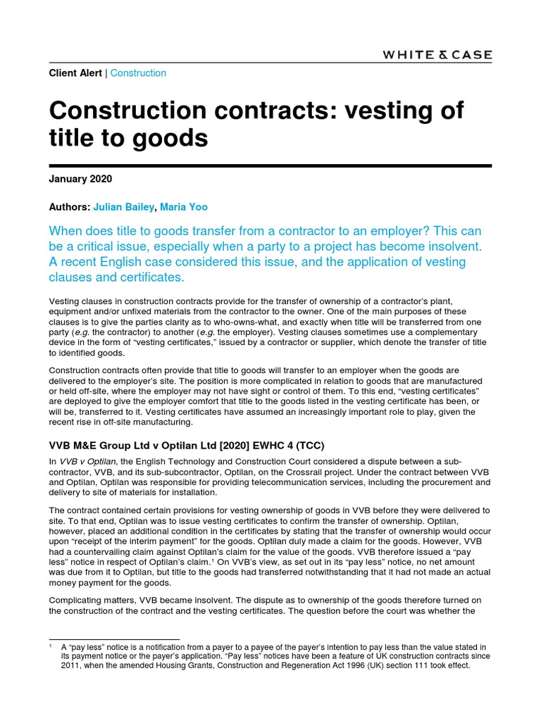 Construction Contracts Vesting of Title To Goods | PDF | Payments ...