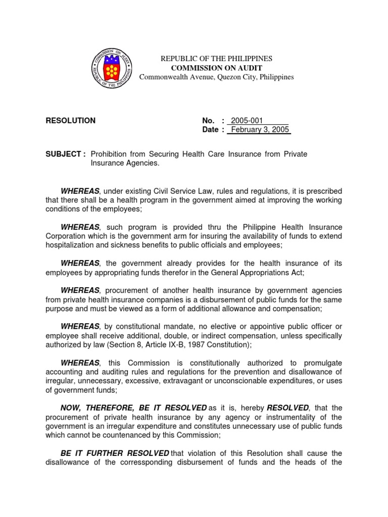 Commission On Audit Resolution No. 2005-001 February 3, 2001 | PDF