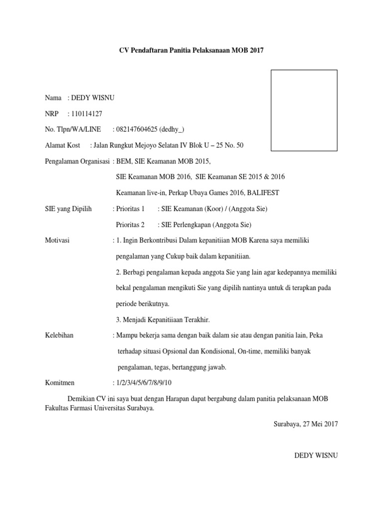 CV Pendaftaran Panitia Pelaksanaan MOB 2017 | PDF