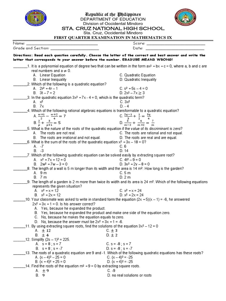 Math 9 First Quarter Exam Guide | PDF | Quadratic Equation | Equations