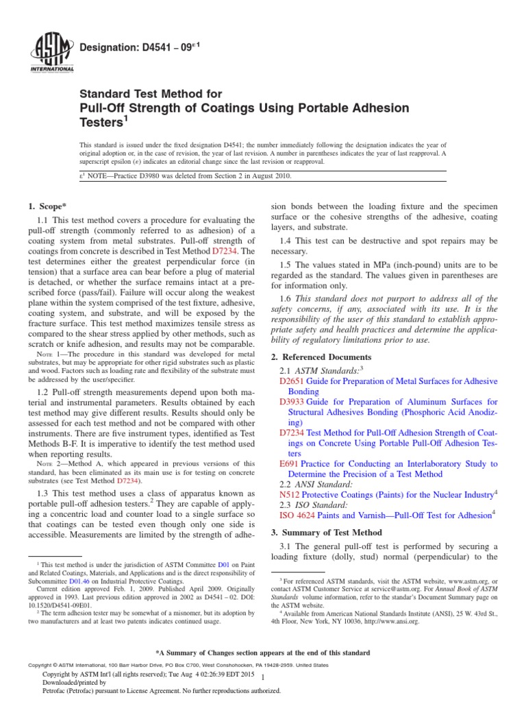 ASTM D 4541 2009, Standard Test | PDF | Adhesive | Strength Of Materials