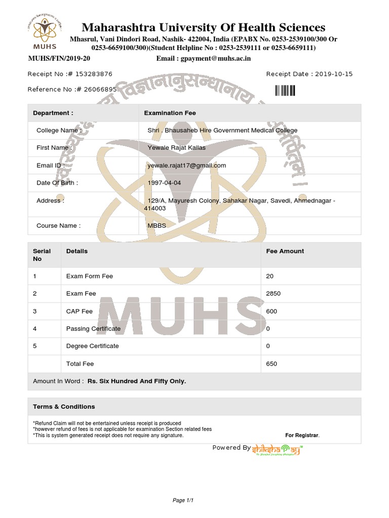 MUHS Receipt for MBBS Exam Fees | PDF | Qualifications | Educational Stages