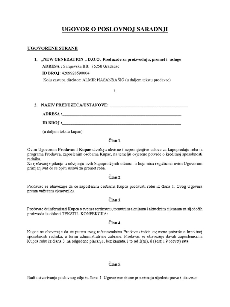 Ugovor o Poslovnoj Saradnji - Novi | PDF