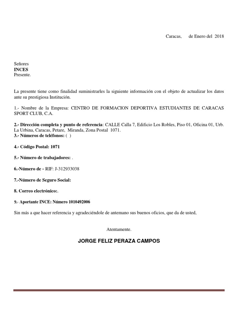Carta Ince Actualizacion de Datos Centro de Formacion Deportiva ...