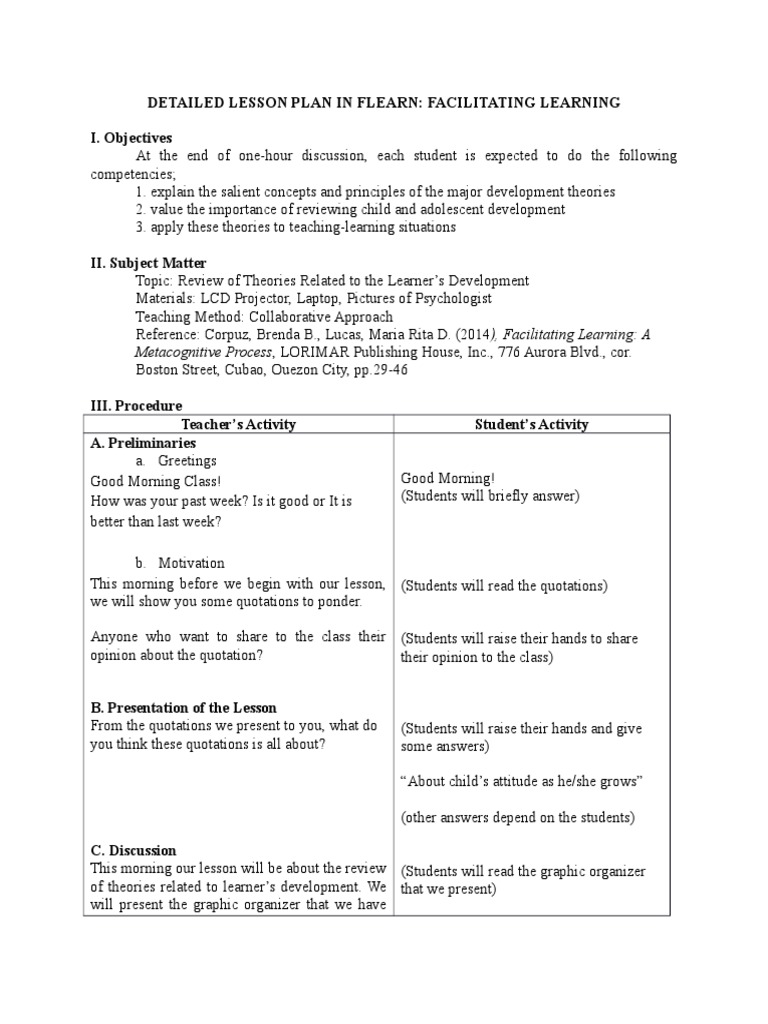 Lesson Plan in Facilitating Learning | PDF | Lesson Plan | Teaching Method