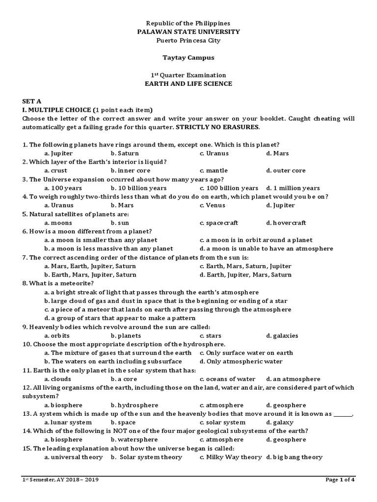 Earth & Life Science Exam | PDF | Planetary Core | Rock (Geology)
