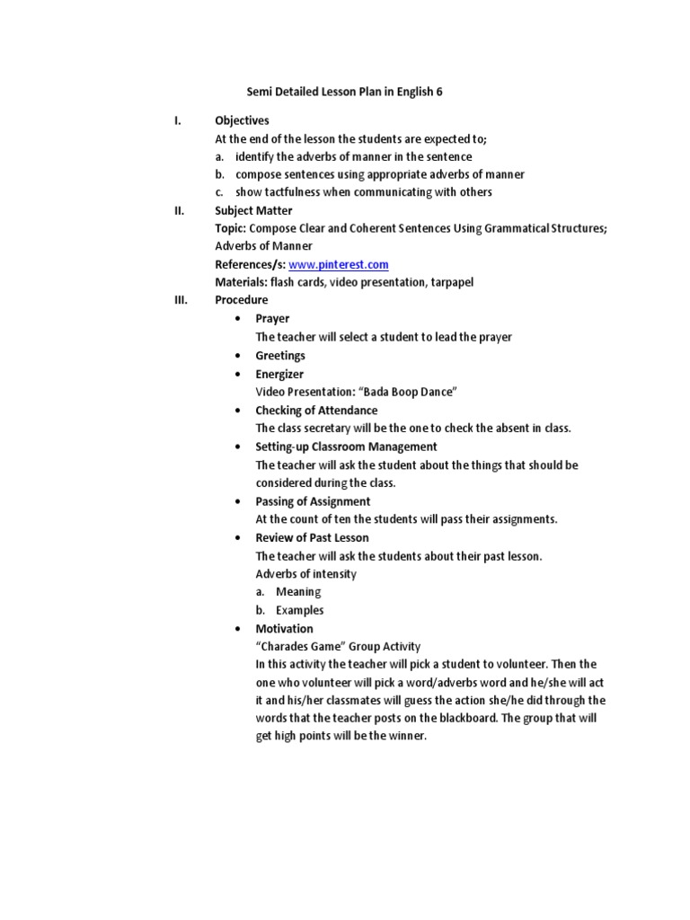 Semi Detailed Lesson Plan in English | PDF | Lesson Plan | Adverb