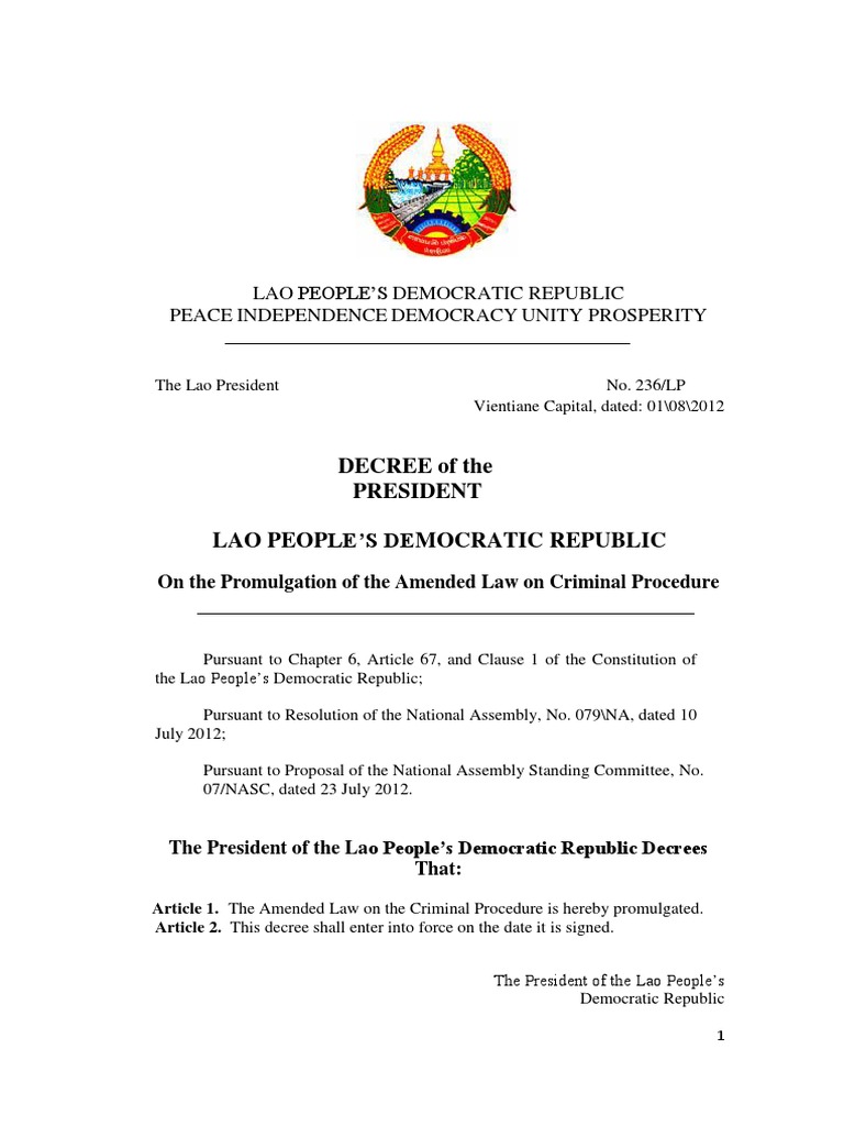 Laos Criminal Procedure Law 2004 2012 Eng PDF | Download Free PDF ...