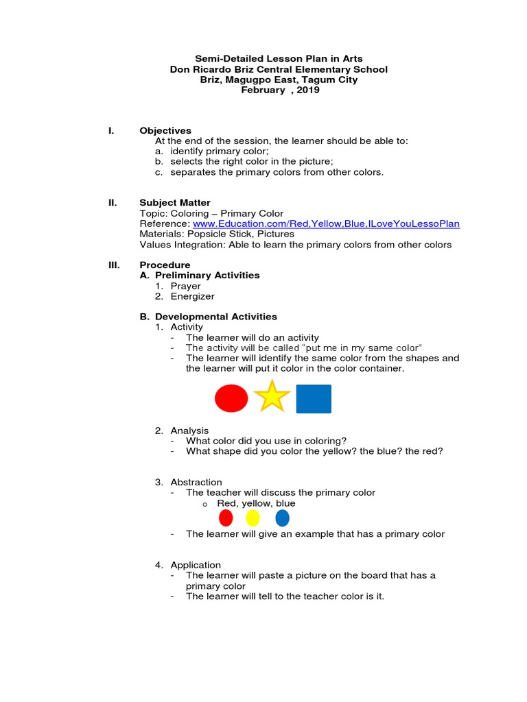 Primary Colors Lesson Plan for Kids | PDF | Language Arts & Discipline ...