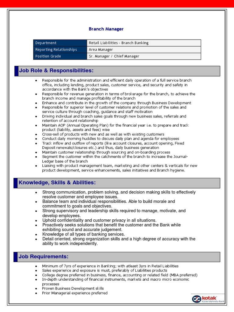 Branch Manager - JD - Updated | PDF | Banks | Sales