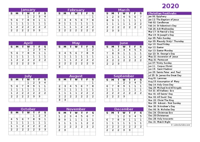 2020 Christian Calendar | PDF | Liturgical Year | Religious Rituals