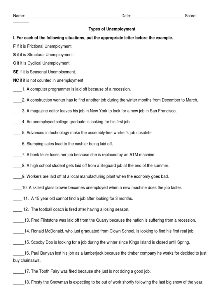 Economics Unemployment-Worksheet | PDF | Unemployment | Social Science