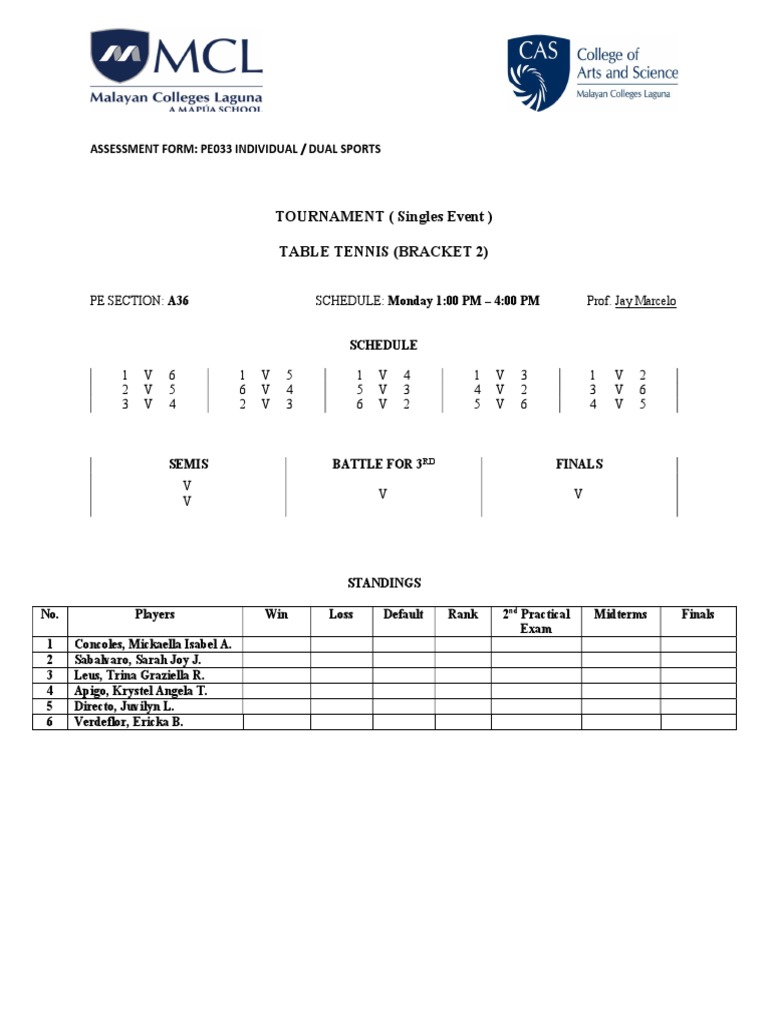 Table Tennis Tournament Sheet | PDF