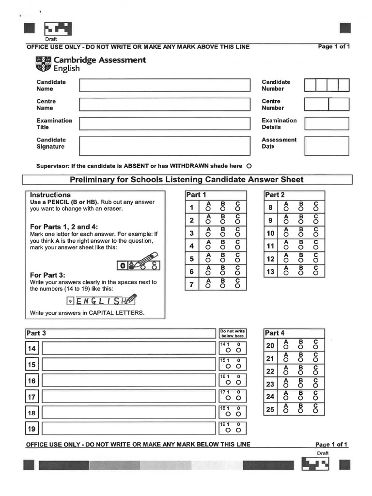 PET Sample Listening Answer Sheet | PDF