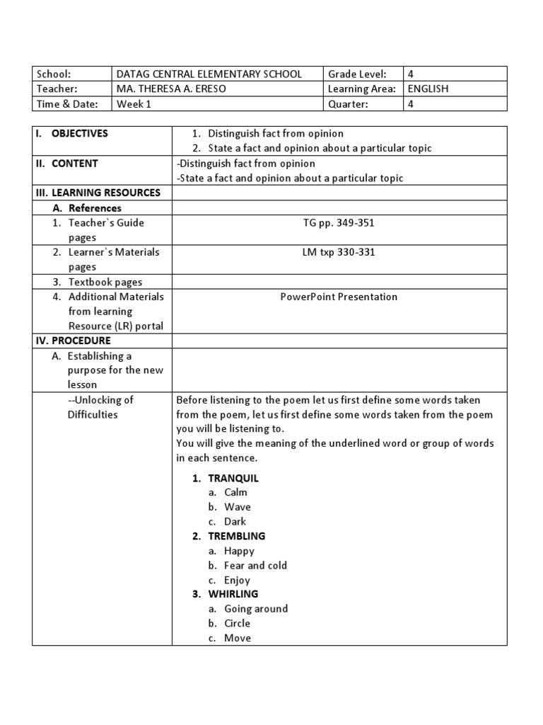 Lesson Plan English 4 Quarter 4 | Download Free PDF | Behavior ...