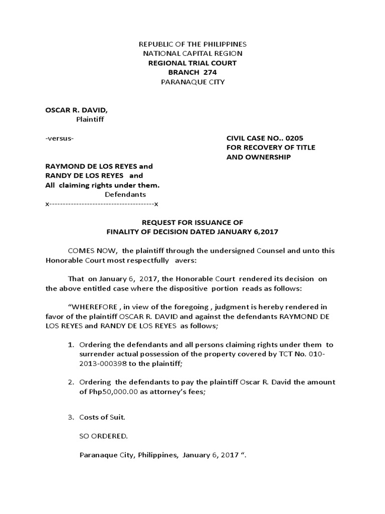 Request For Finality | Download Free PDF | Judgment (Law) | Lawsuit