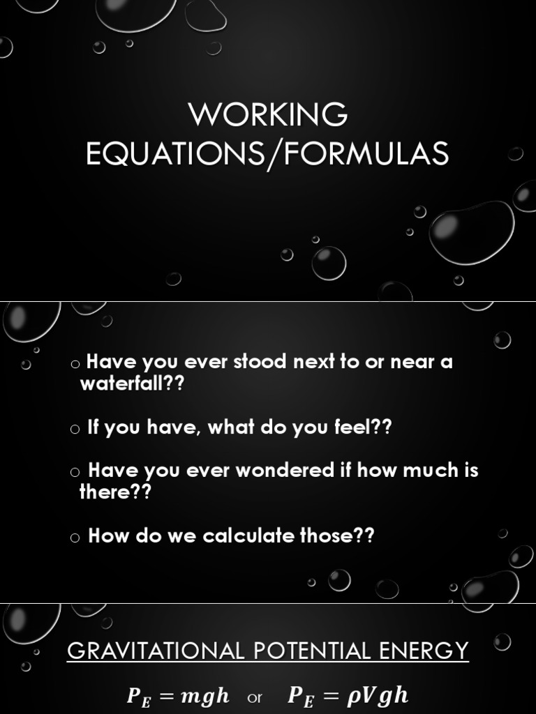 HYDRO POWER - Working Equations | PDF | Density | Potential Energy