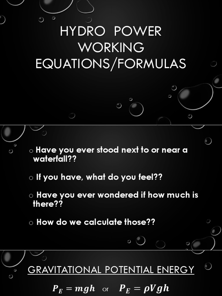 HYDRO POWER - Working Equations | PDF | Density | Potential Energy