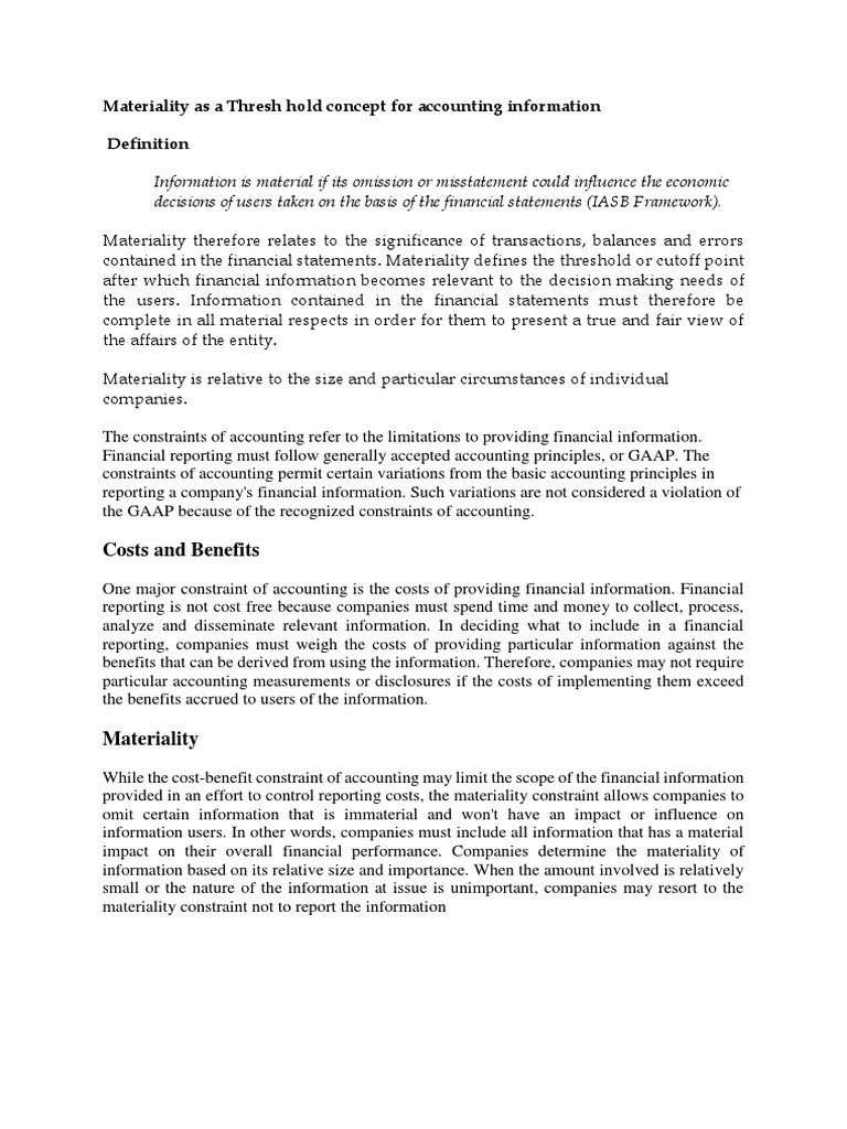 Materiality As A Thresh Hold Concept For Accounting Information | PDF ...