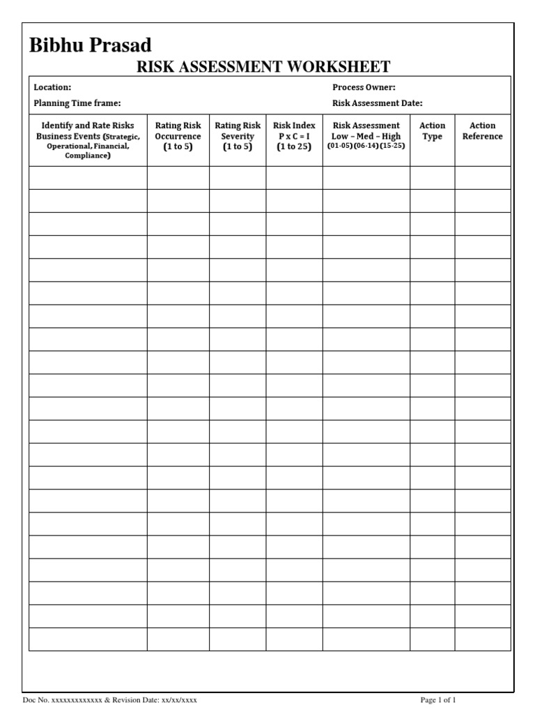 Risk Assessment Worksheet Template | PDF