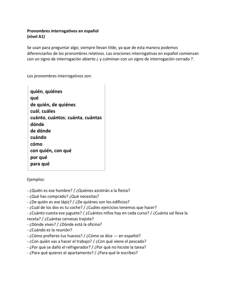 Pronombres Interrogativos Español | PDF