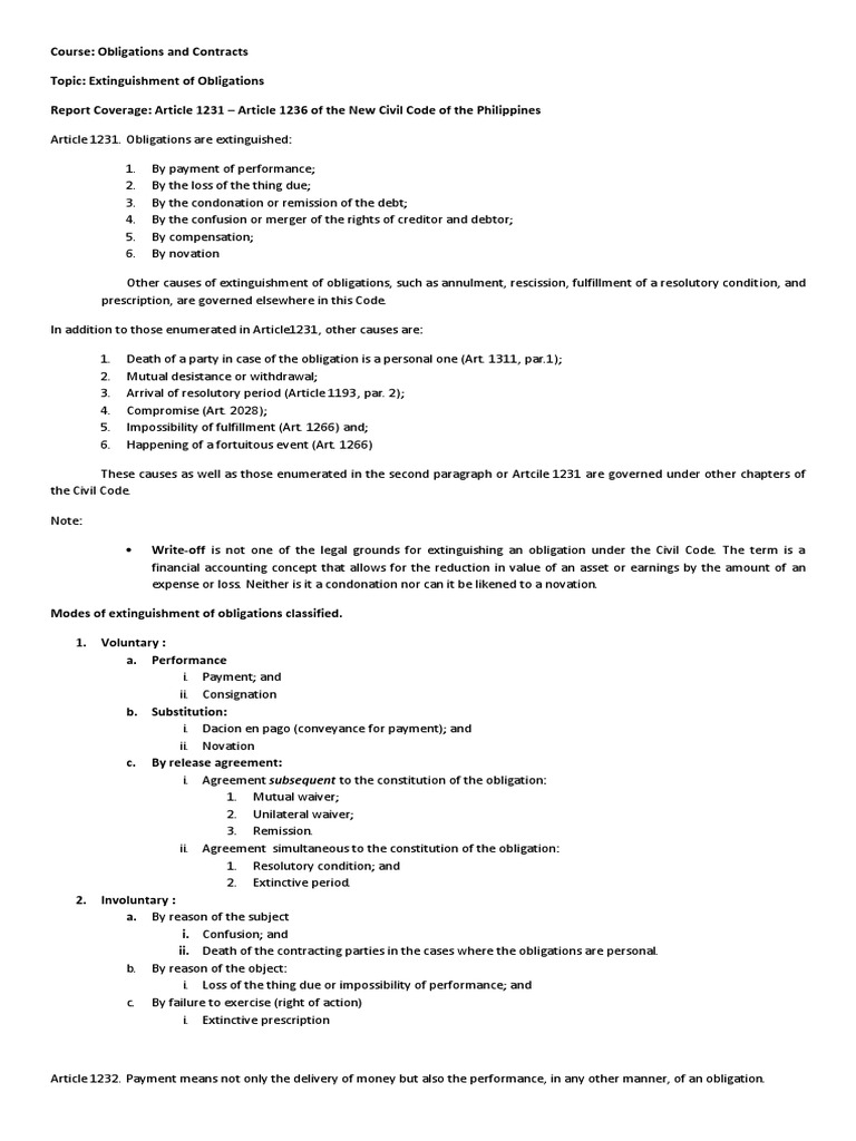 Extinguishment of Obligations: Articles 1231-1236 | PDF | Breach Of ...