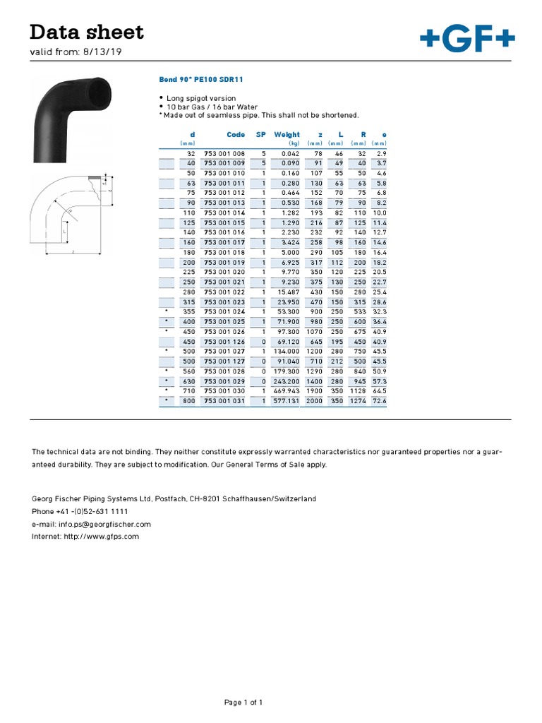Specifications and Dimensions for PE100 SDR11 Bend 90° Pipes | PDF ...