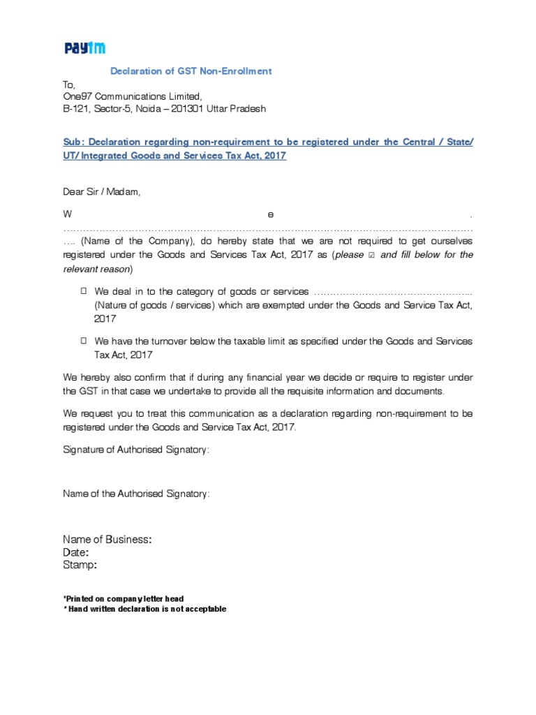 Declaration of GST Non Enrollment | PDF