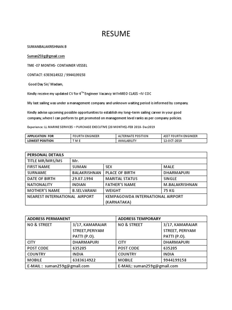 Merchant Navy Update Resume | PDF | Shipping | Water Transport