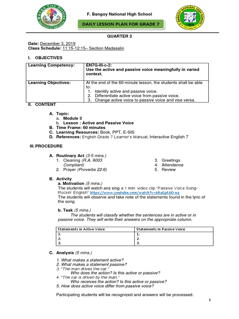 Active and Passive | PDF | Lesson Plan | Teachers