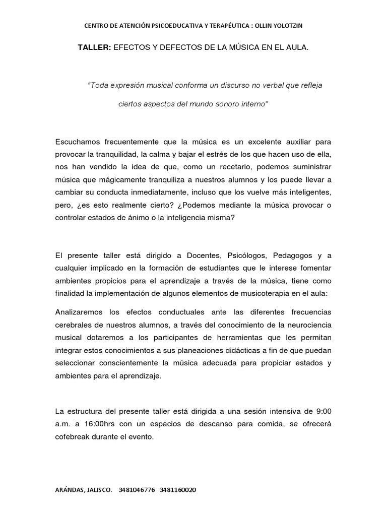 TALLER Efectos y Defectos de La Musica en El AULA PRIM. | PDF ...