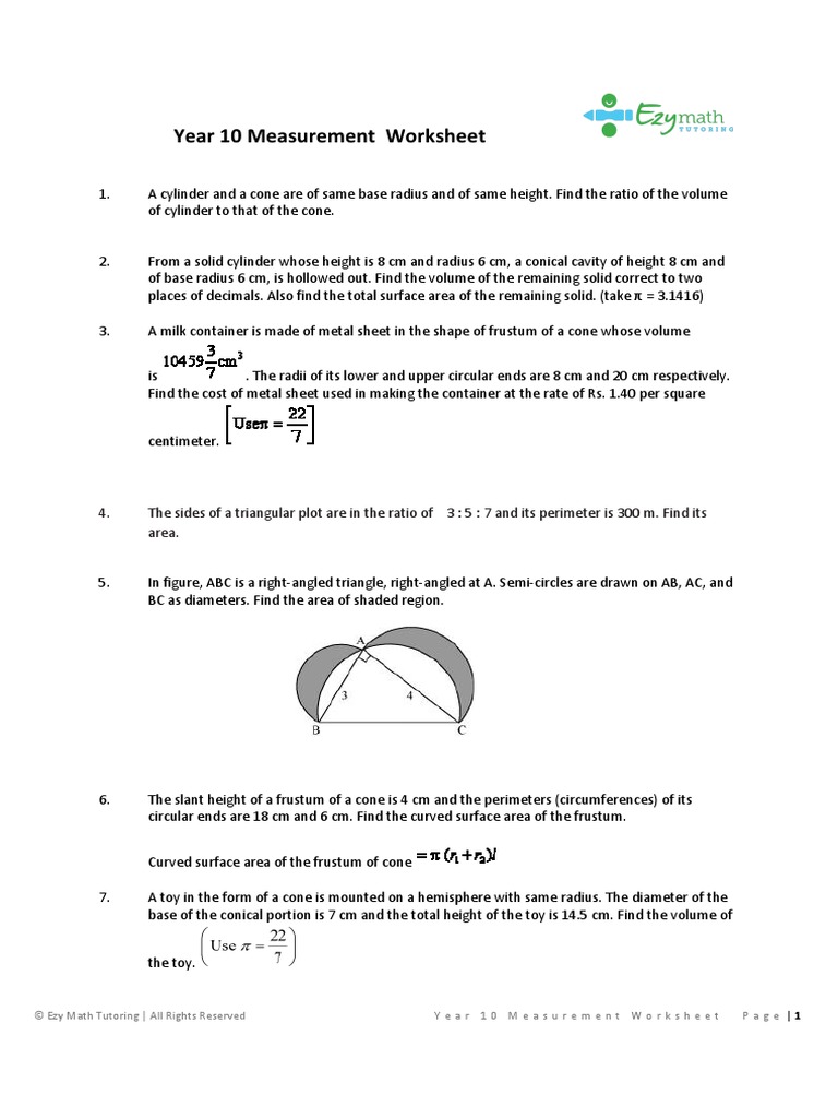 Year 10 Measurement Worksheet | PDF | Area | Volume