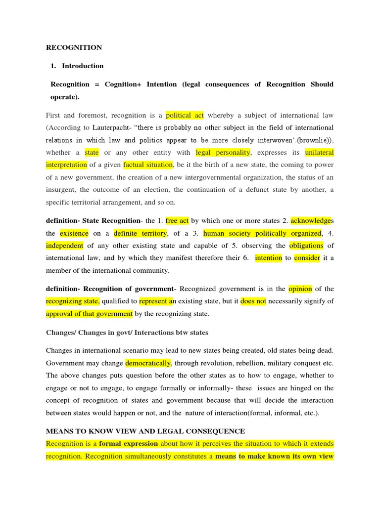 RECOGNITION | PDF | Sovereign State | Treaty