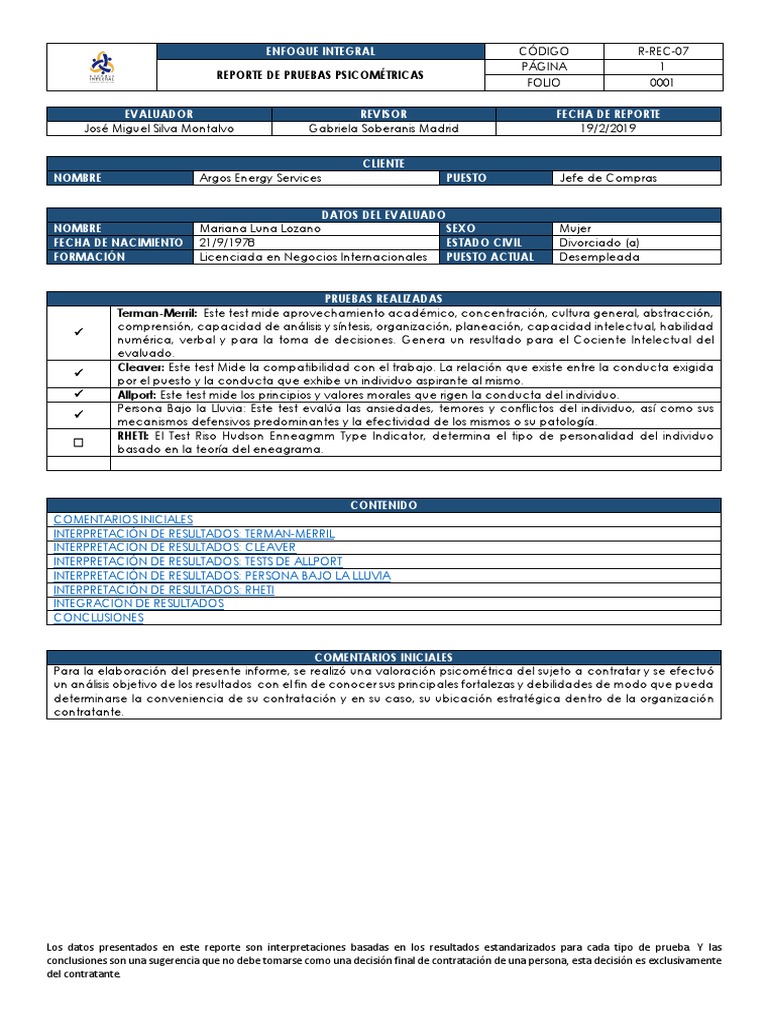 R-REC-07 Reporte de Pruebas Psicométricas EJEMPLO | Descargar gratis PDF | Cociente de ...