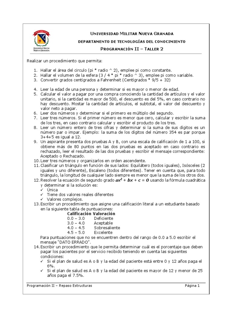 Taller 01 - Repaso Estructuras Lineales y Selectivas | PDF | Pi | Triángulo