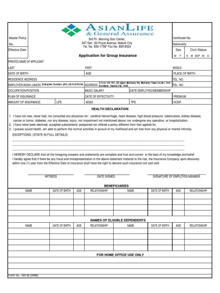 Master Policy Insurance Application Form | PDF | Business