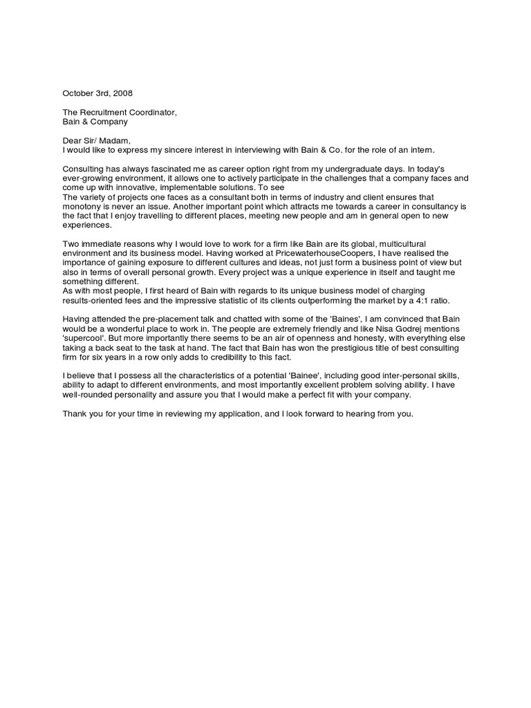 Bain & Company - Sample Application Cover Letter | PDF