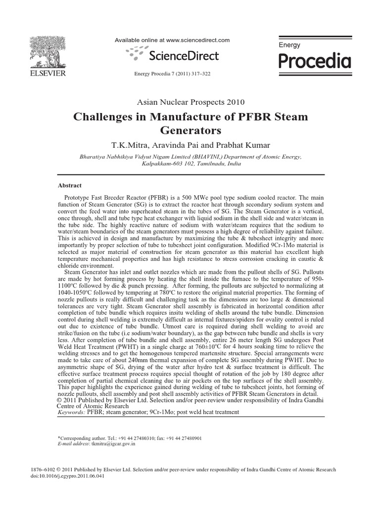 Challenges in Manufacture of PFBR Steam Generators | PDF | Pipe (Fluid ...