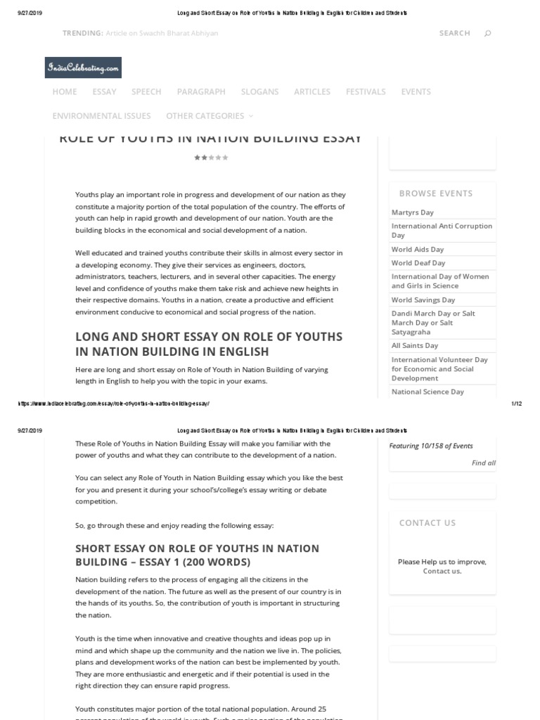 Long and Short Essay On Role of Youths in Nation Building in English ...