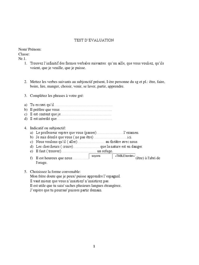 Test de subjonctif présent | PDF | Onomastique | Verbe