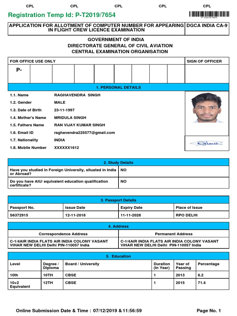 Application for Computer Number Allotment to Appear for CPL Flight Crew ...
