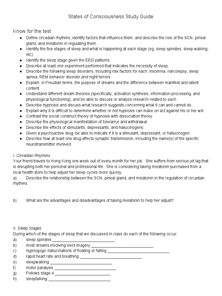 Consciousness Review Sheet | PDF | Sleep | Circadian Rhythm