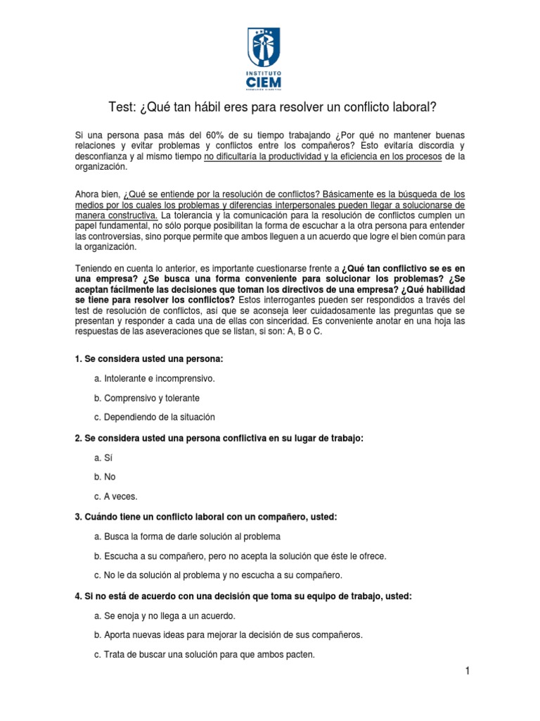 Test Conflicto Laboral | PDF | La resolución de conflictos | Tolerancia
