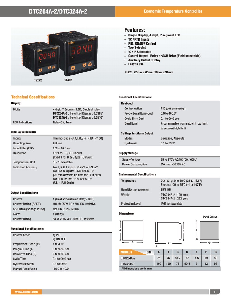 Temperature Controller Specs | PDF | Relay | Sensor